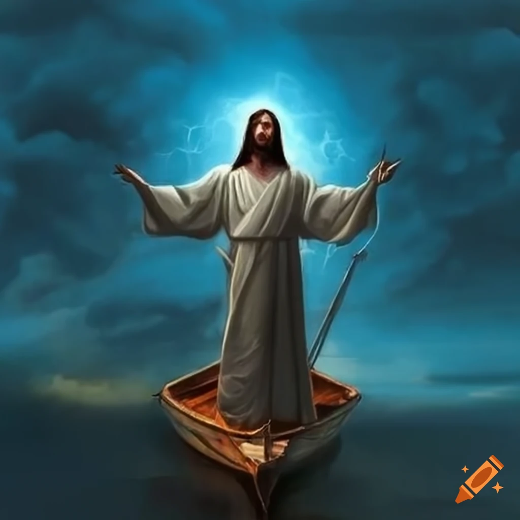 Jesus christ on a boat in a storm on Craiyon