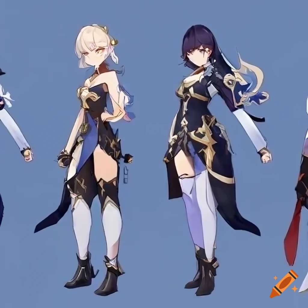 Full-body character sheet of a woman in detailed outfit from Genshin ...