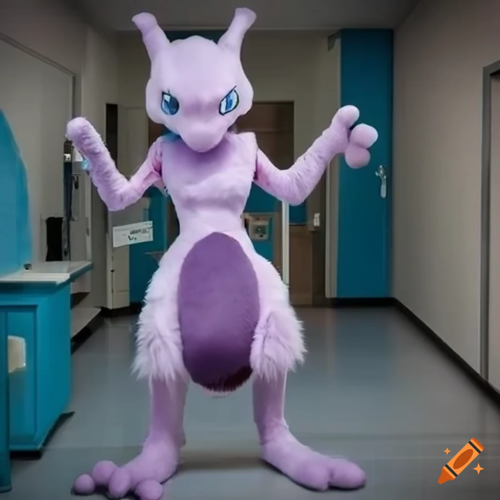 Nurse wearing full body Mewtwo fursuit mascot costume at hospital on ...