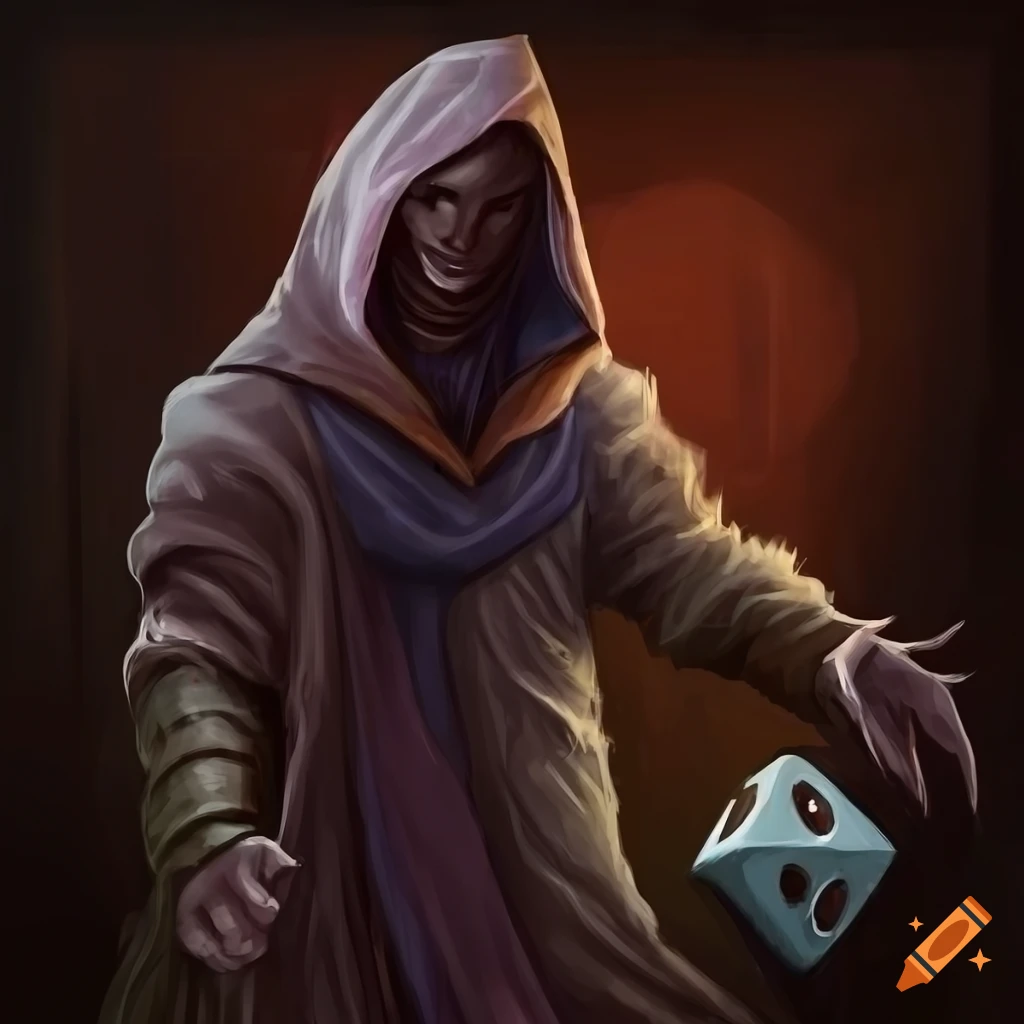 Hooded dungeon master throwing dice in a digital art style on Craiyon