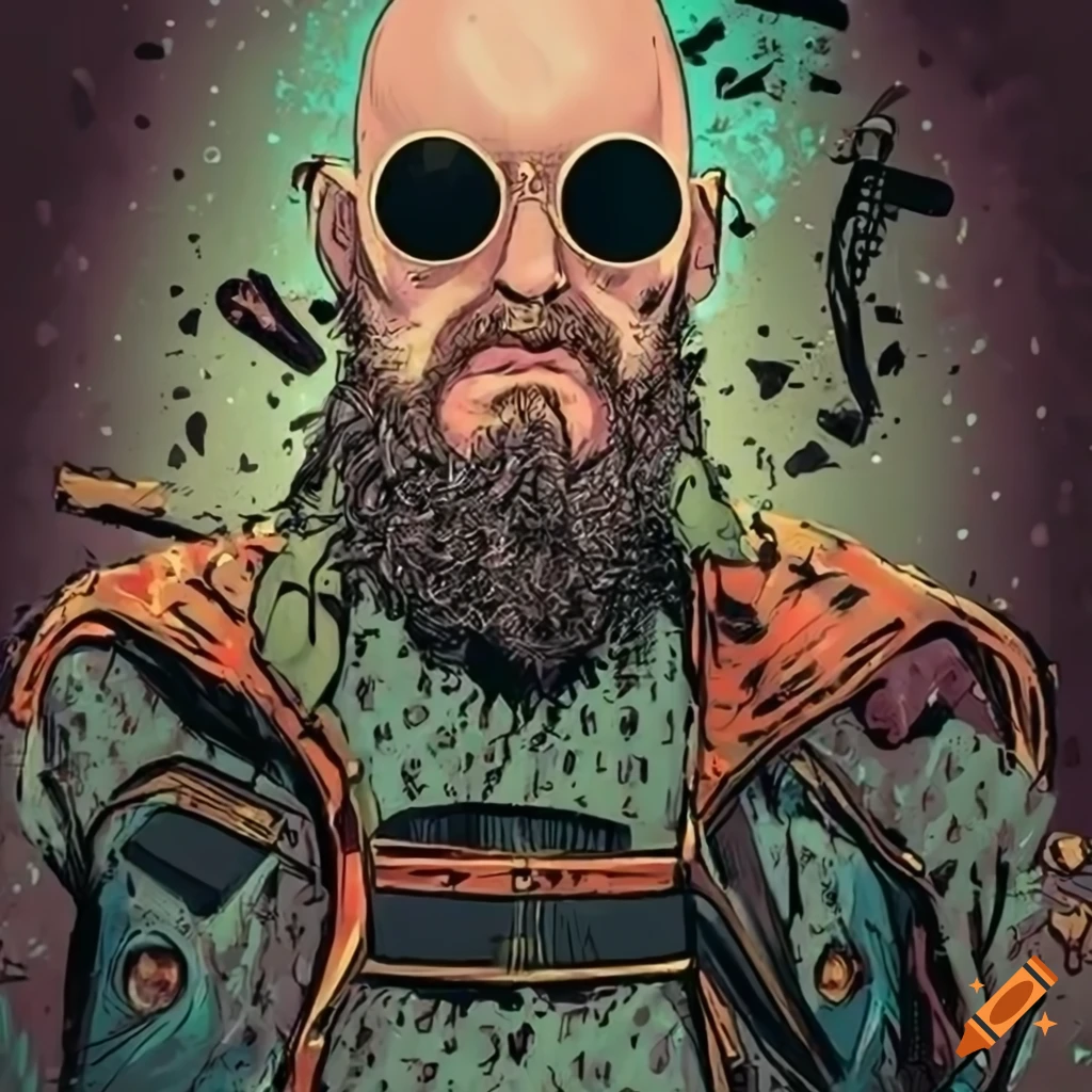 Bald biker man with beard and round sunglasses in a comic book ...