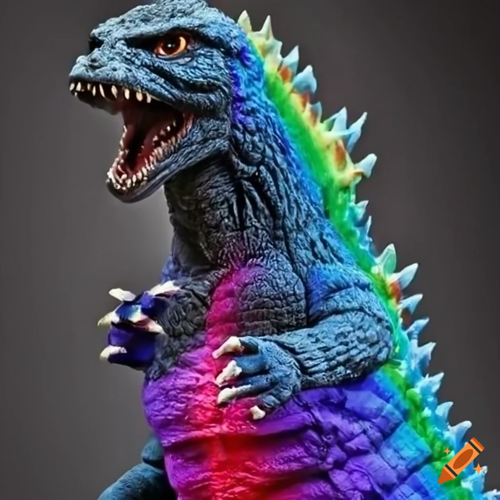 Godzilla with rainbow colors and grimace in a hyper realistic style on ...