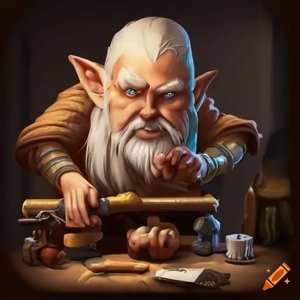 Fantasy gnome tinkerer in a workshop on Craiyon