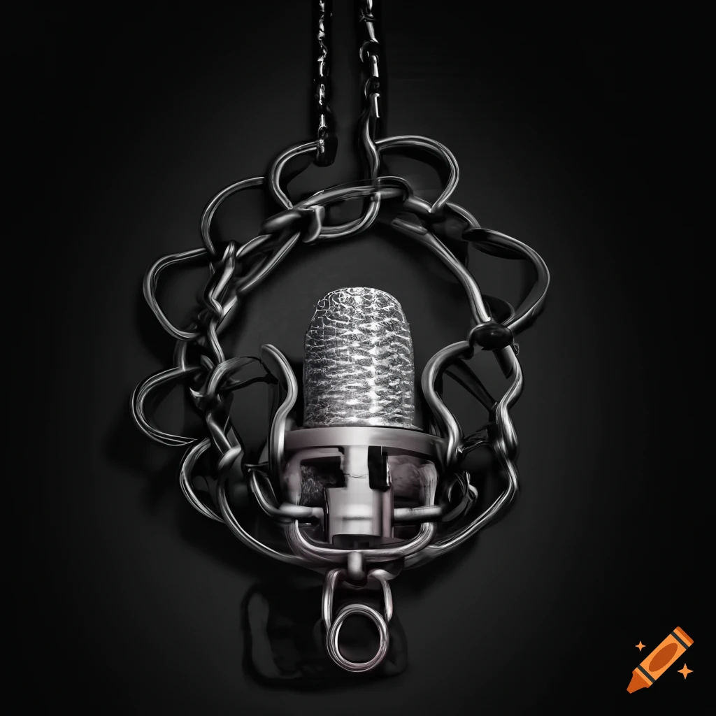 Microphone breaking free from chains in a dimly lit basement on Craiyon