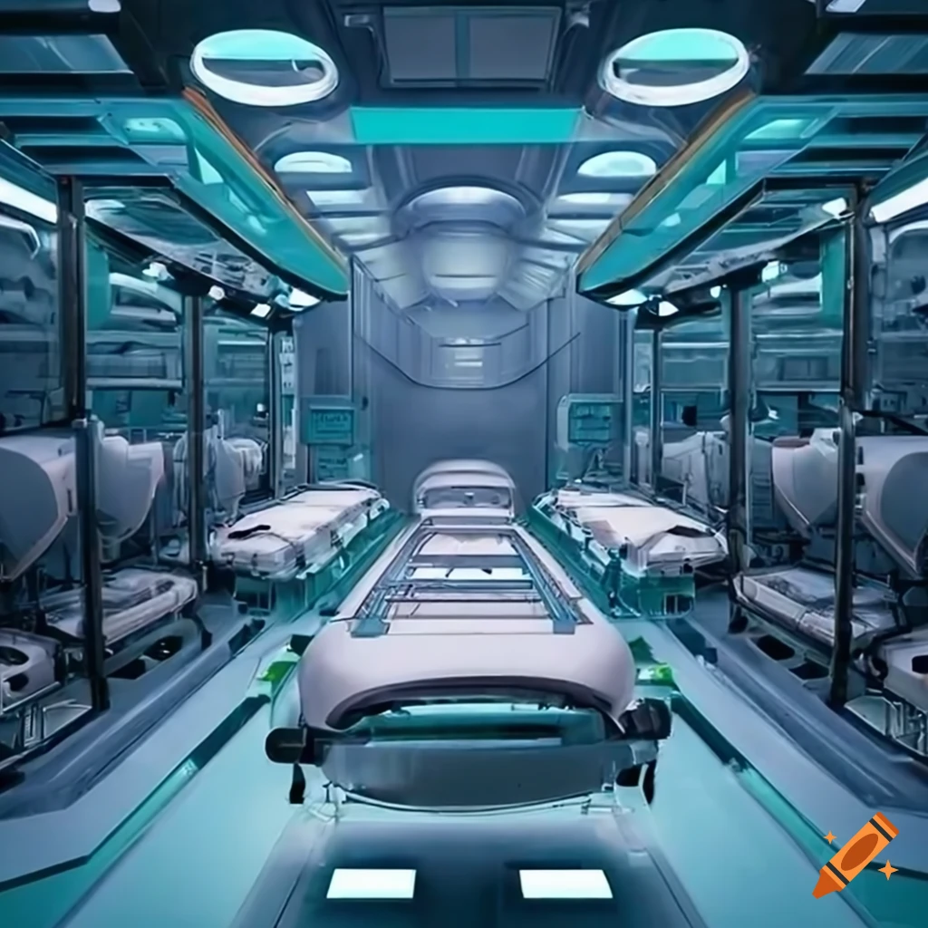 High-tech milk production facility in a sci-fi laboratory with white ...