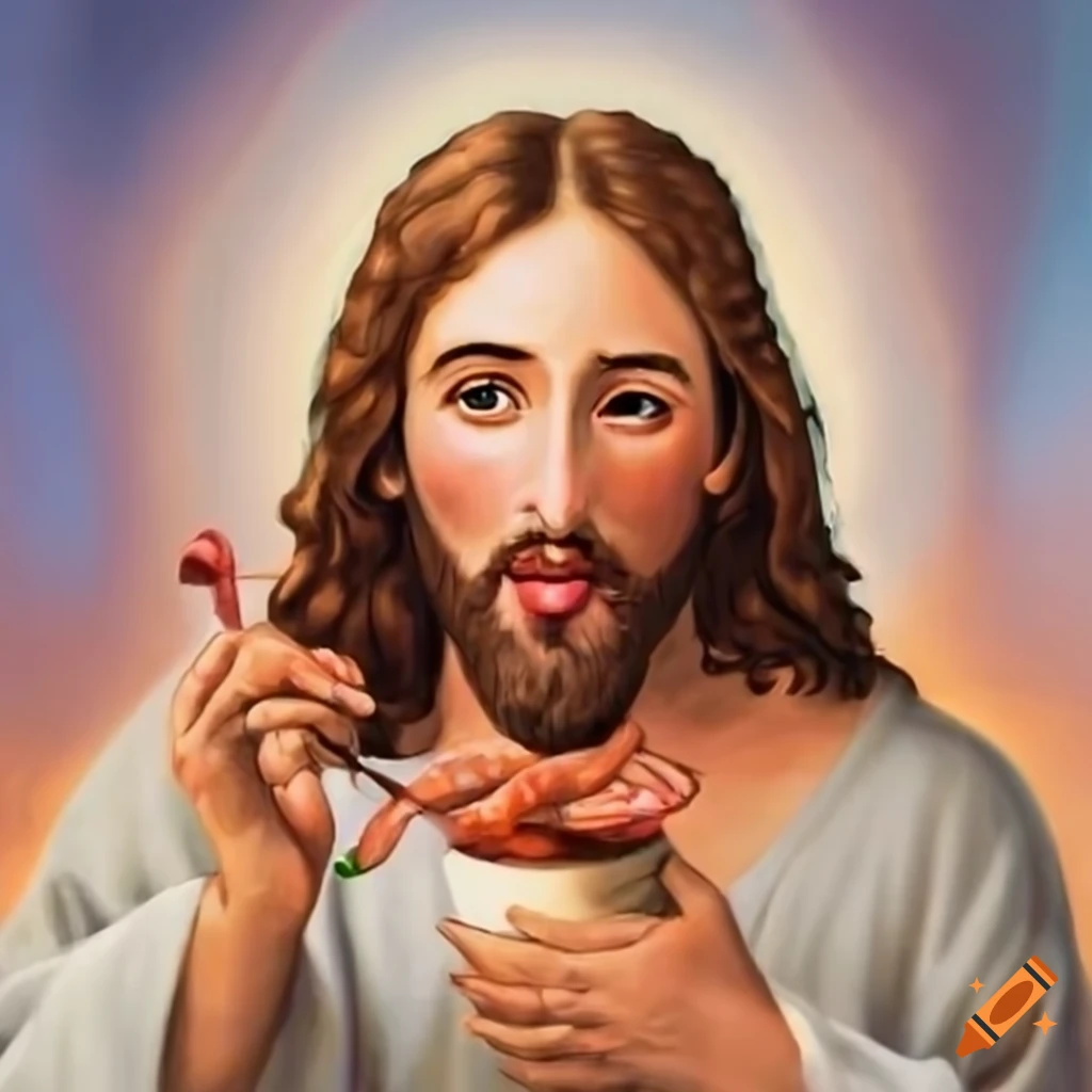 Jesus enjoying a meal with shrimps on Craiyon