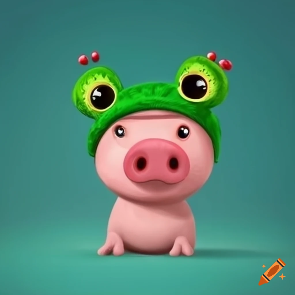 Cartoon pig wearing frog-shaped winter hat on Craiyon