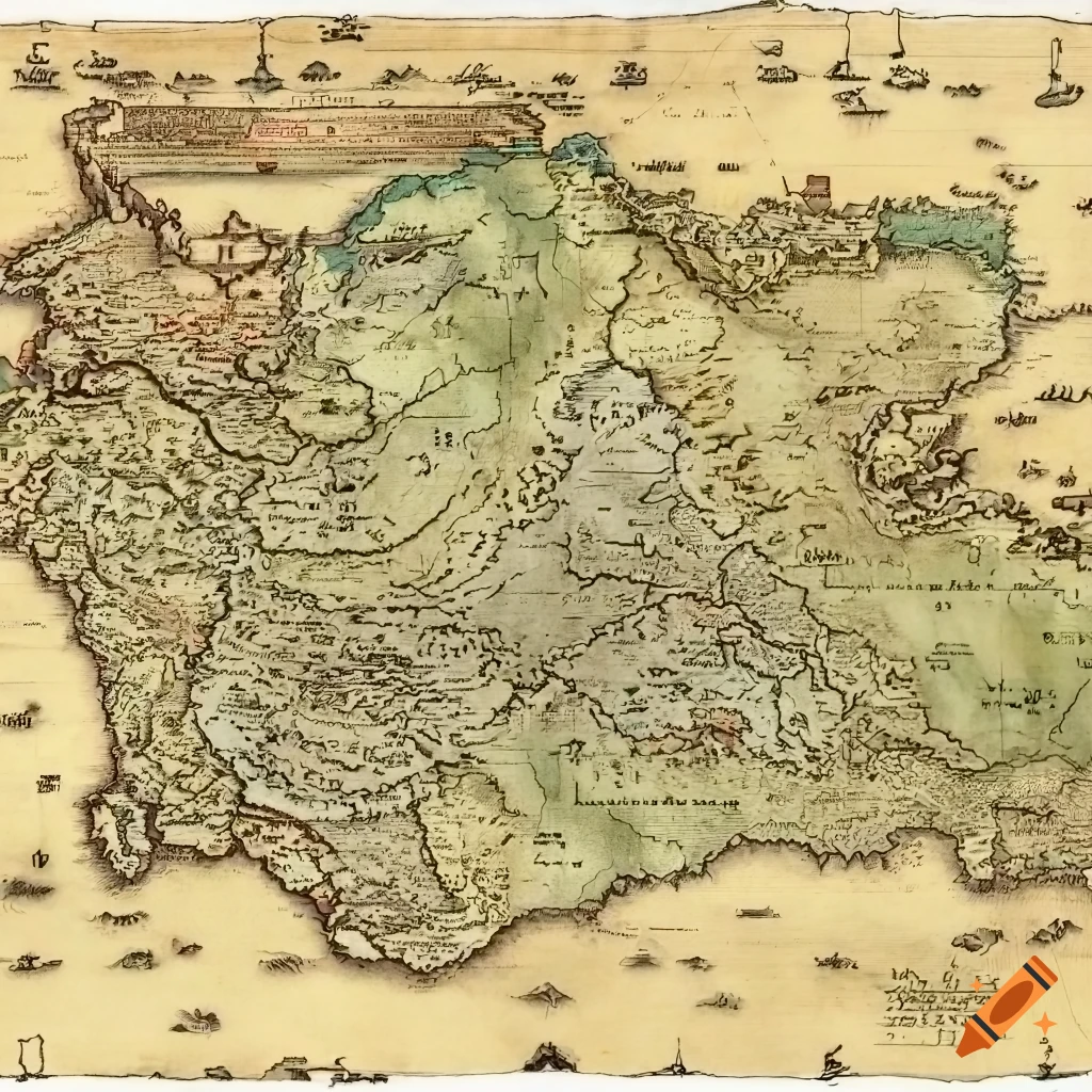 Intricately detailed fantasy map of a continent with hamlets, village, and town on Craiyon