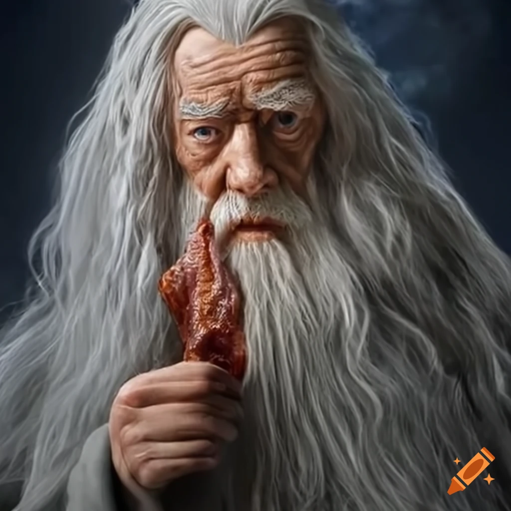Gandalf holding a strip of bacon in a humorous portrayal on Craiyon