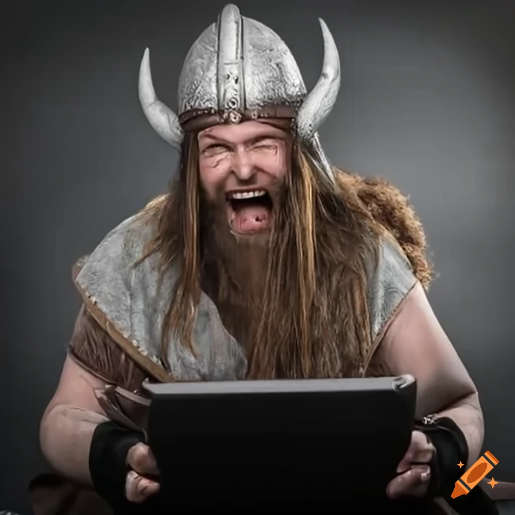 Viking laughing and typing on a keyboard on Craiyon