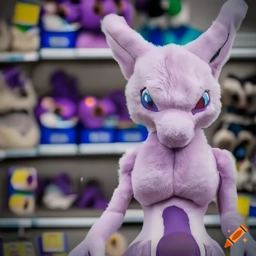 Female employee in mewtwo fursuit at walmart on Craiyon