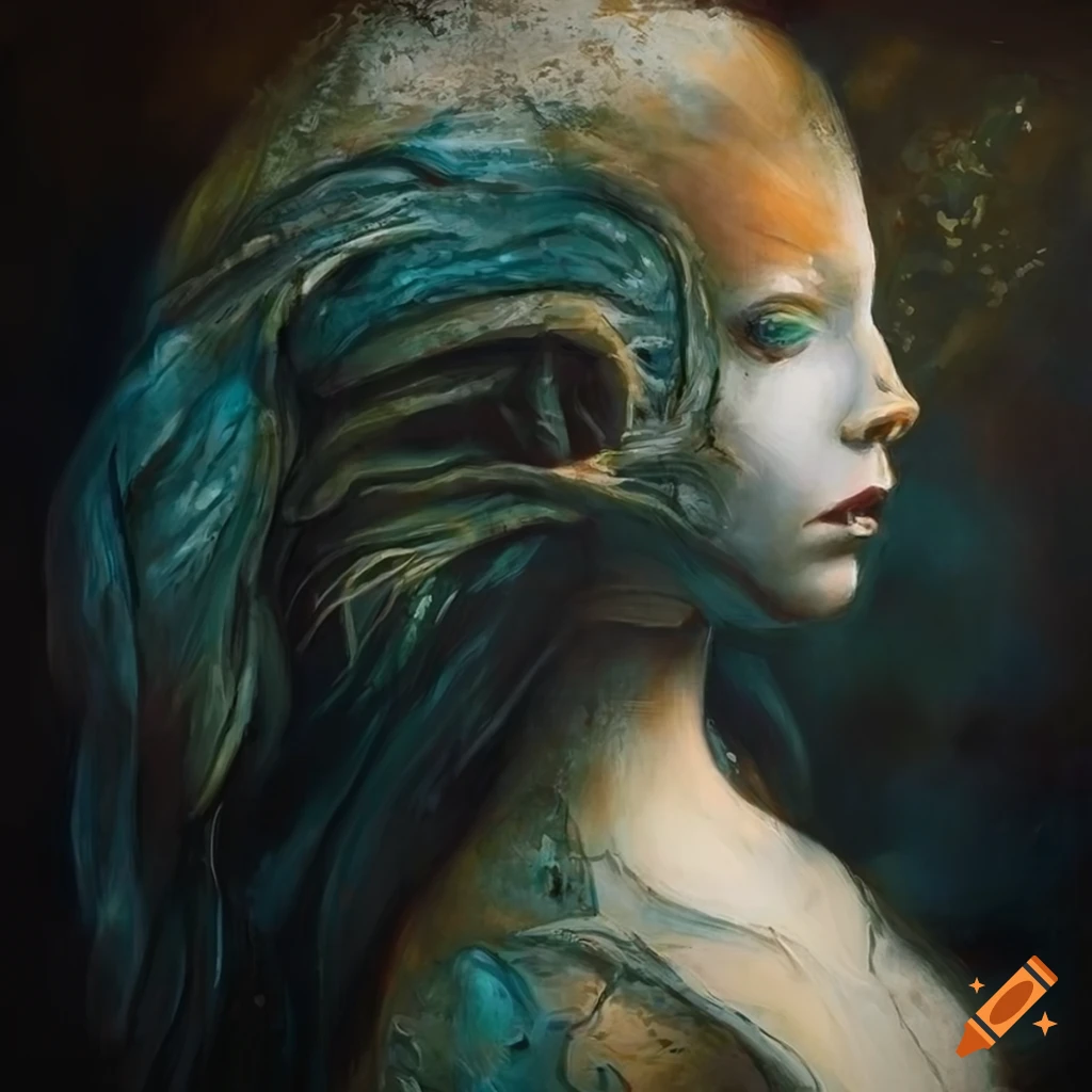 High resolution painting of a pale marble female creature with glossy ...