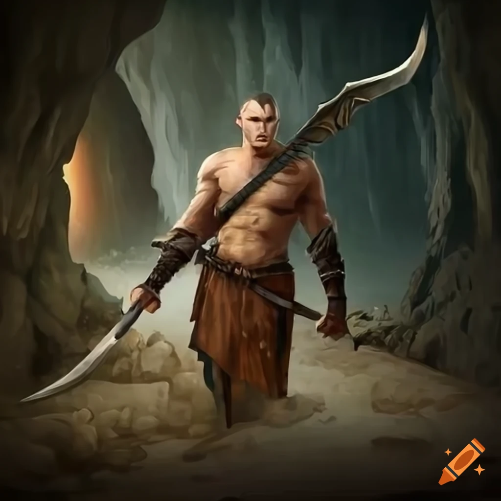 Fantasy warrior wielding a long pike weapon in a cave on Craiyon