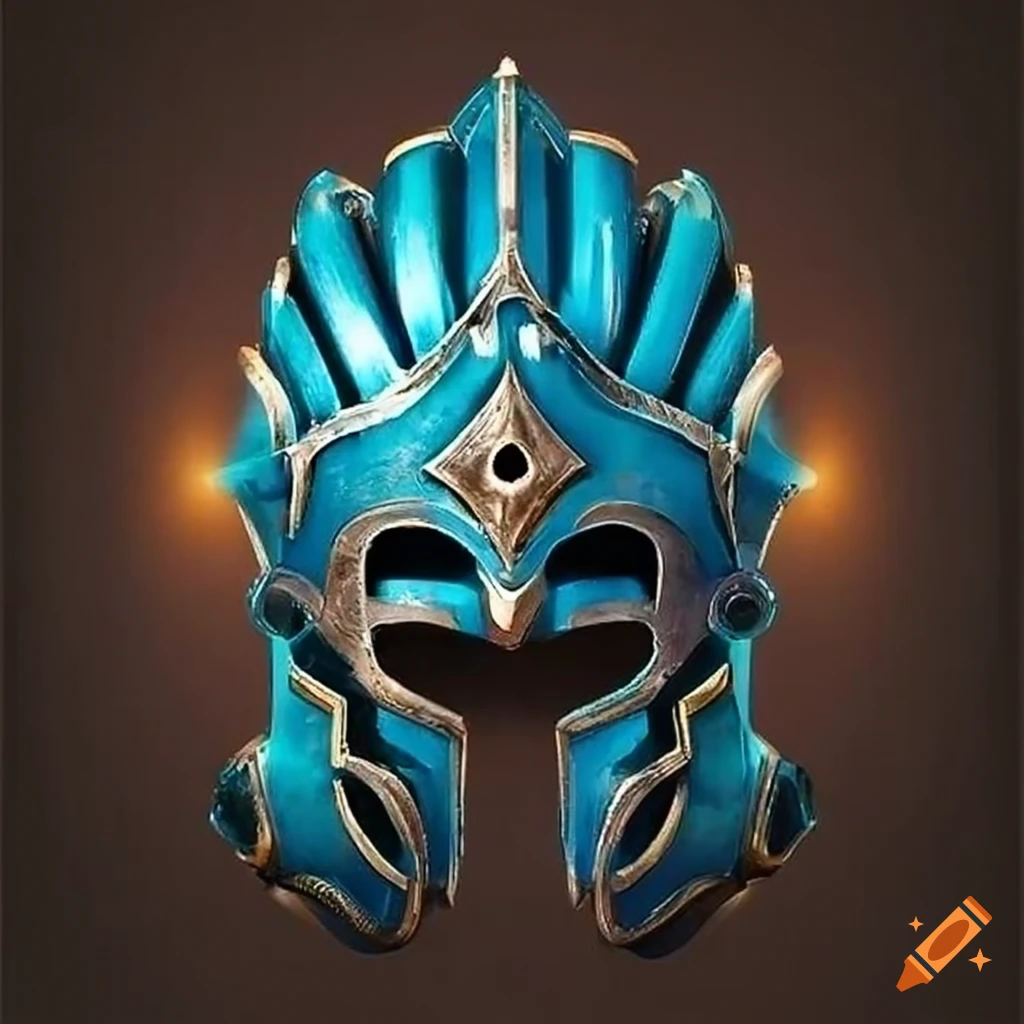 Front view of a heavily designed fantasy helmet on Craiyon