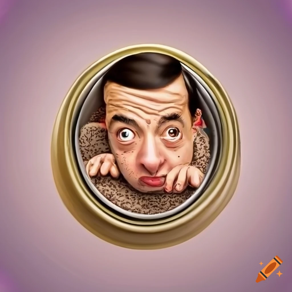 Comical illustration of mr. bean hiding in a can of beans on Craiyon