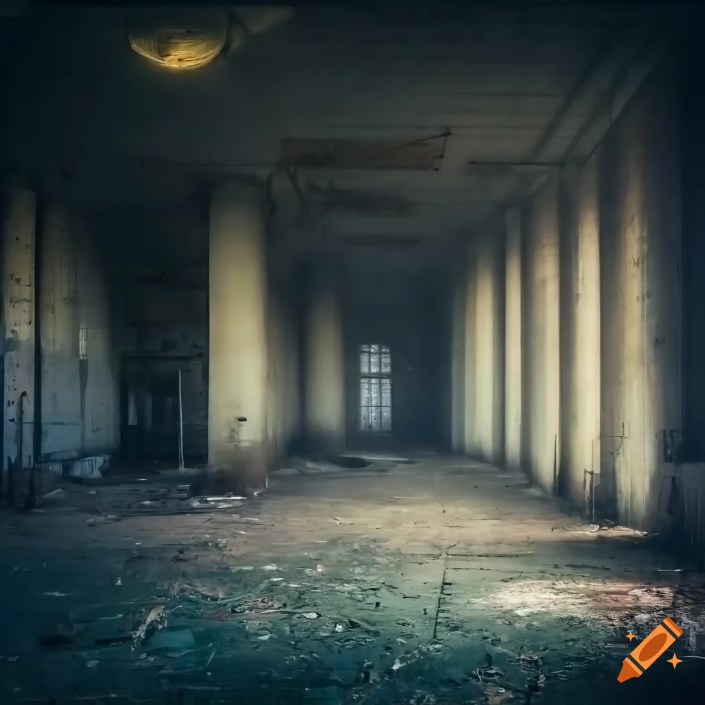 Bright sunny foggy interior of an abandoned factory with old machines ...