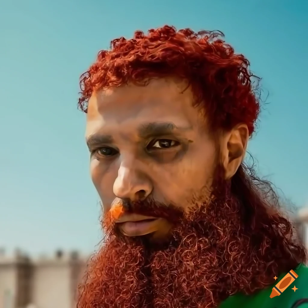 Alien man with maroon hair and arabic features outside a green mosque ...