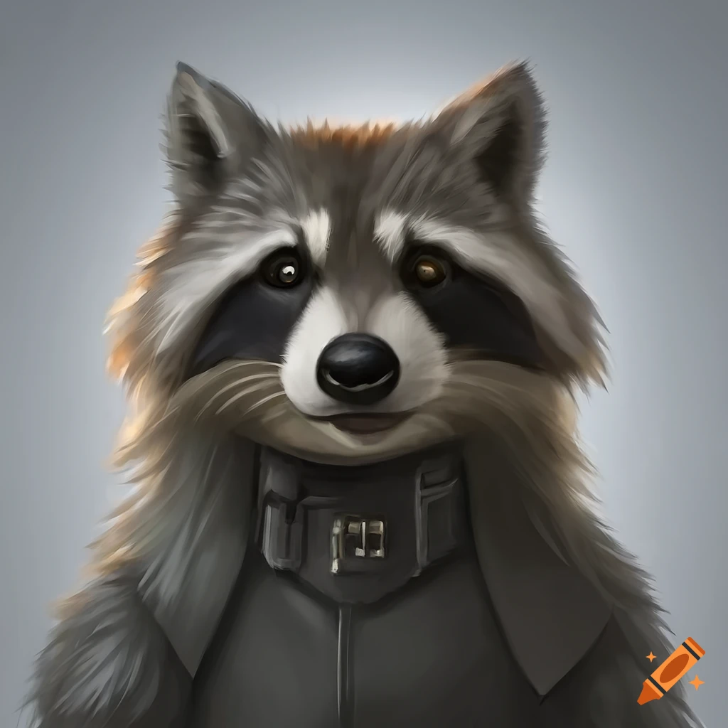 Portrait of a strong male anthro furry raccoon in military para-aramid ...