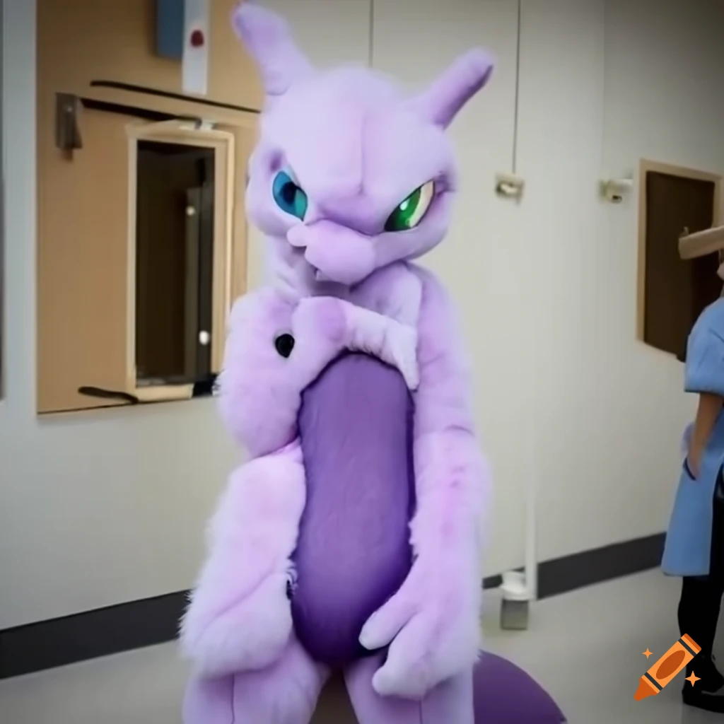 Nurse in full body mewtwo fursuit mascot costume at hospital on Craiyon