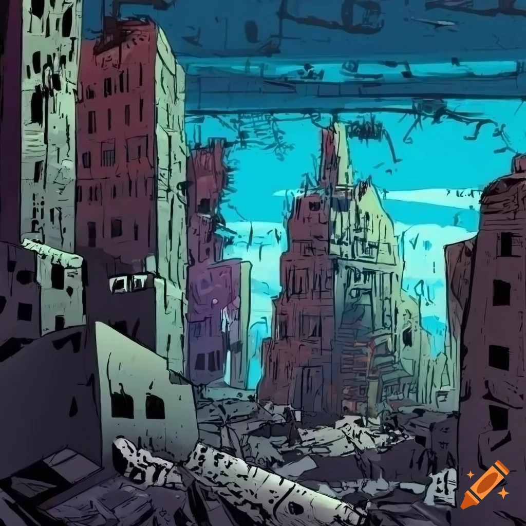 Destroyed city in a comic style illustration on Craiyon