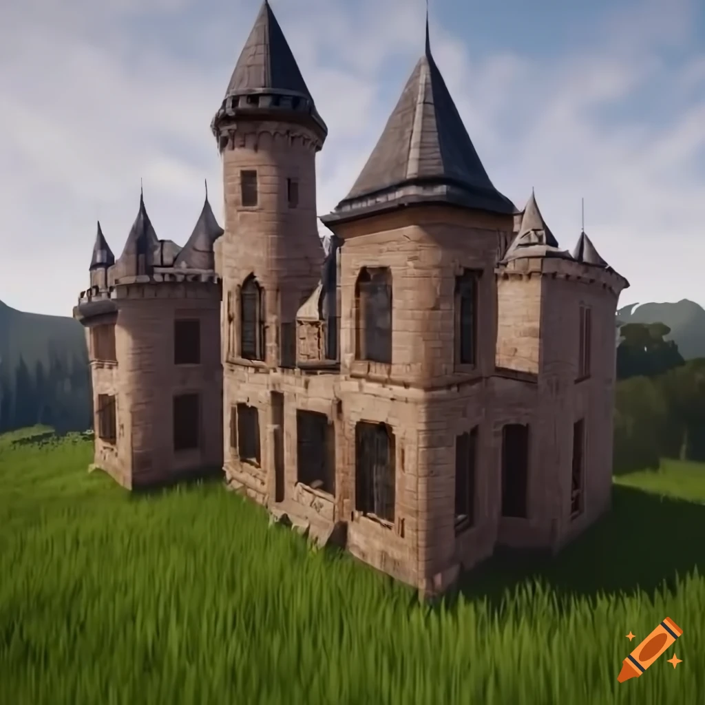 Australian castle with beige brick and black roof on grass surrounded ...