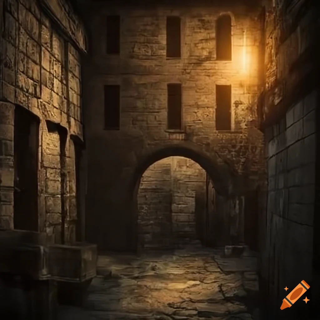 Medieval hooded thief hiding behind a barrel in a dark backstreet on ...