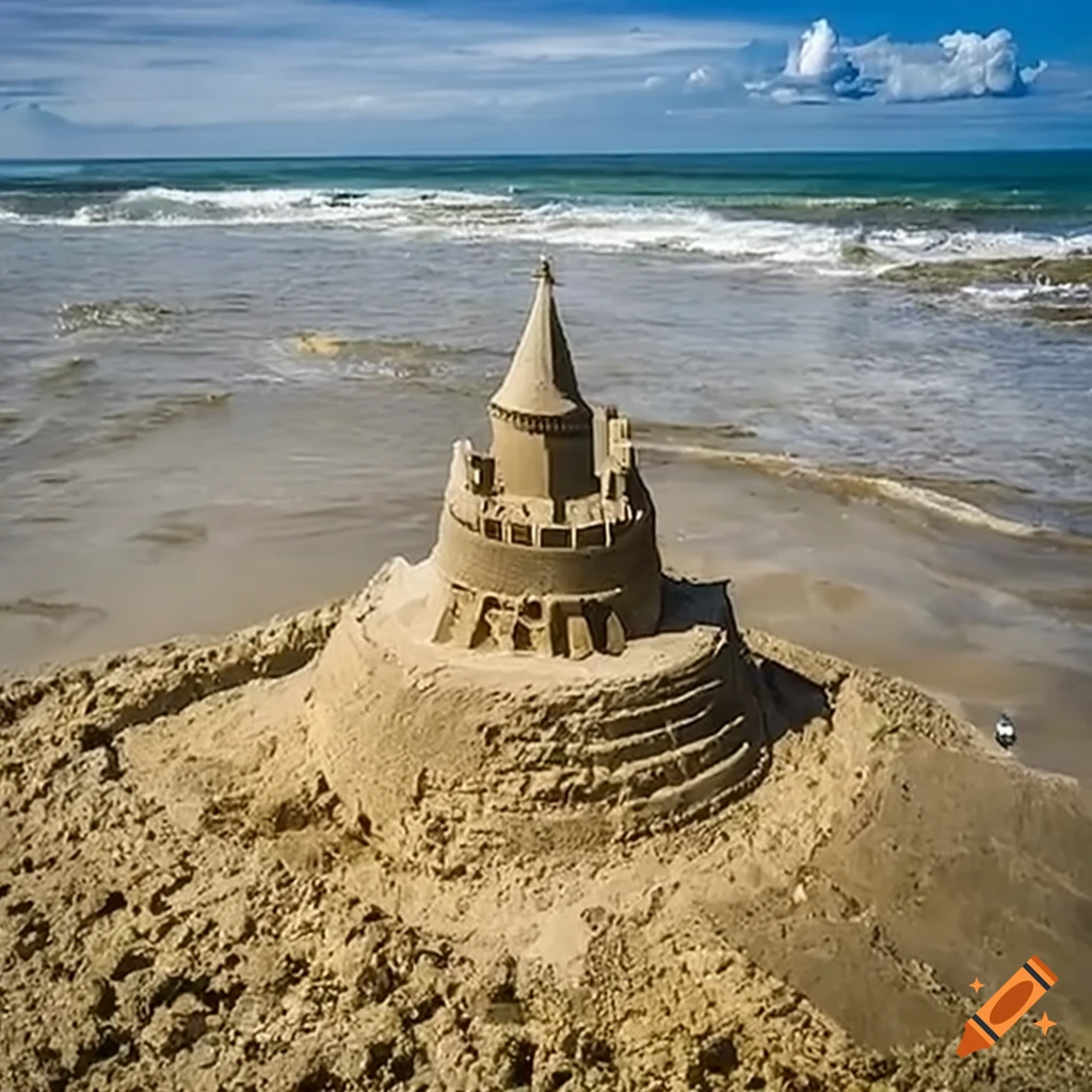 Sand castle floating in a river on Craiyon