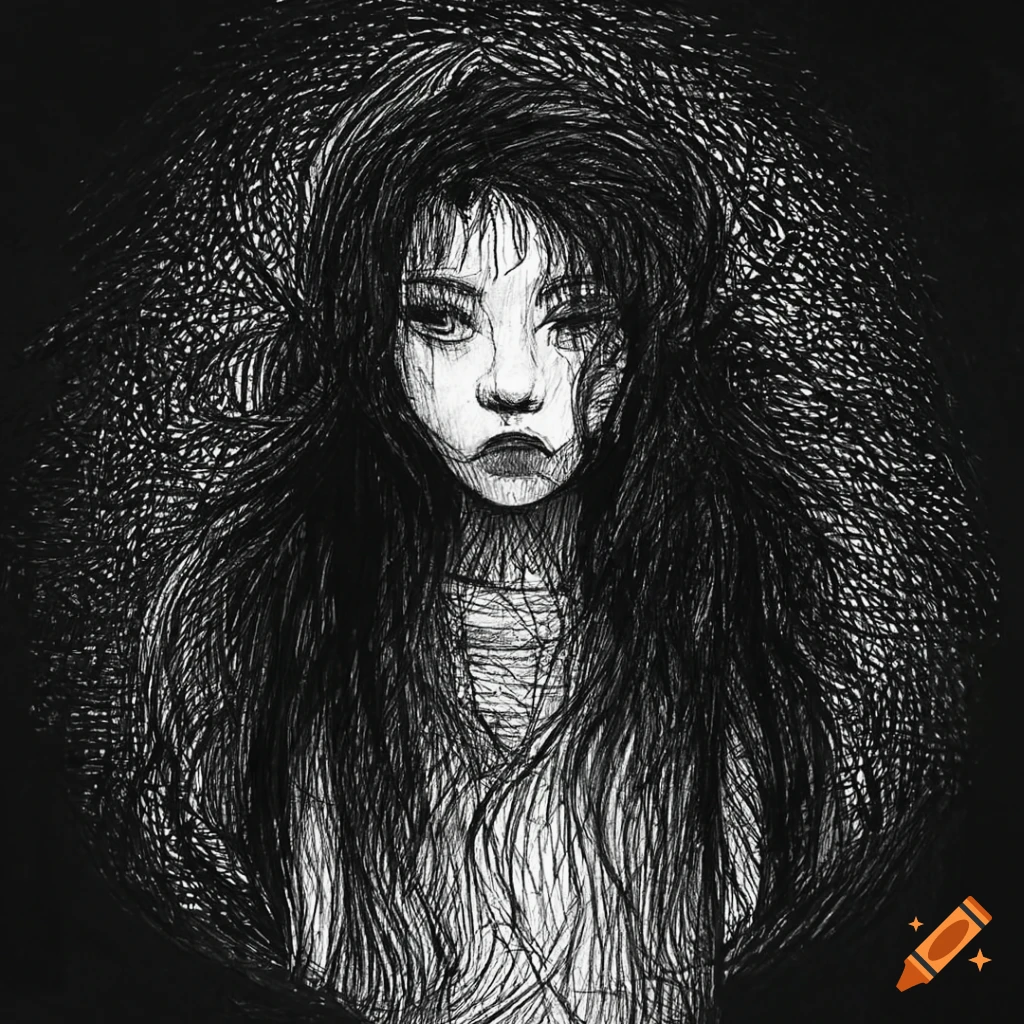 Ink drawing of a girl with tousled long hair in black on Craiyon