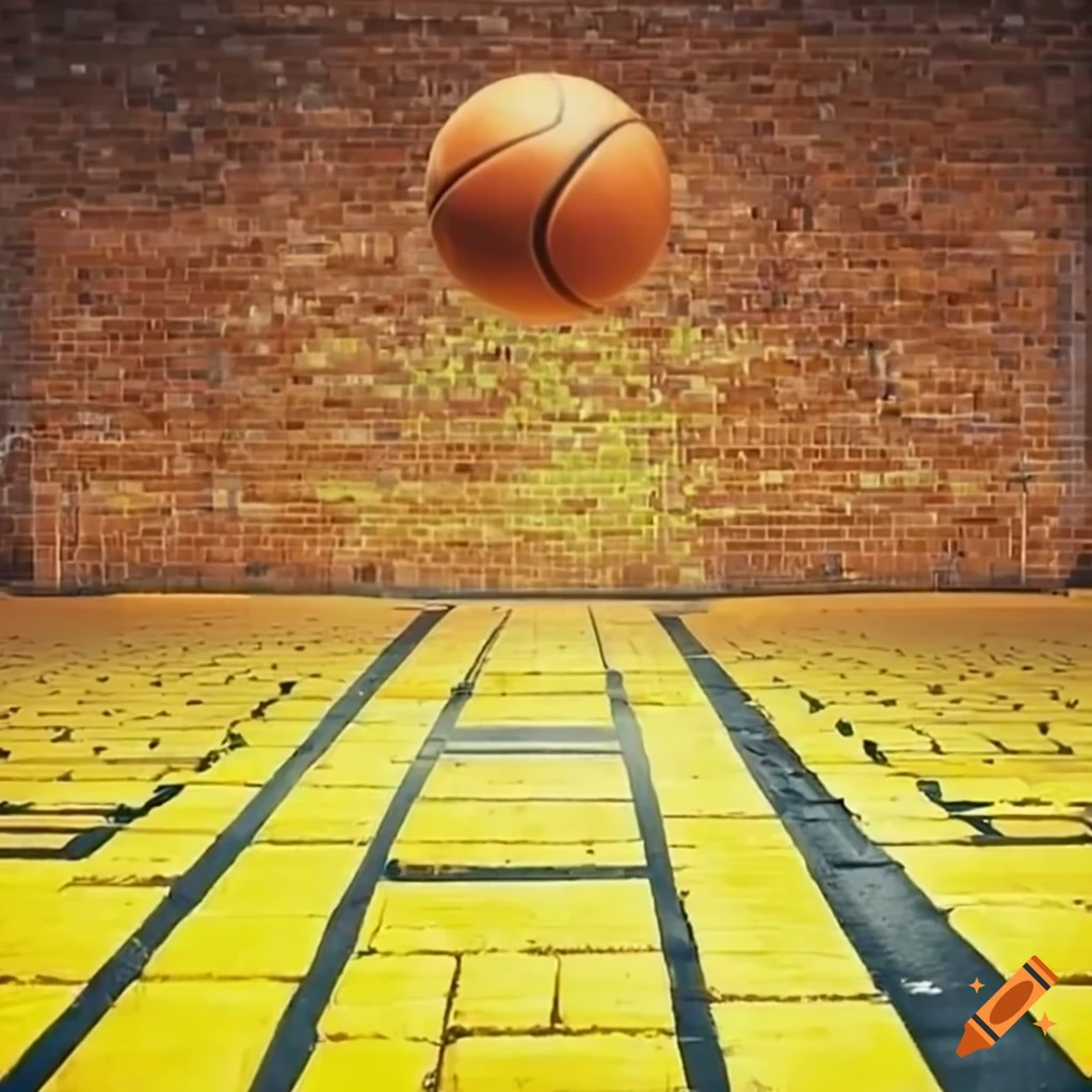 Basketball on yellow brick road in a cinematic scene on Craiyon