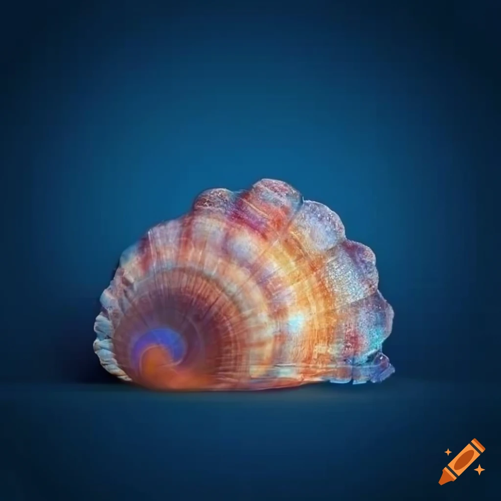 Glittering white seashell on a blue background with cinematic effect on ...
