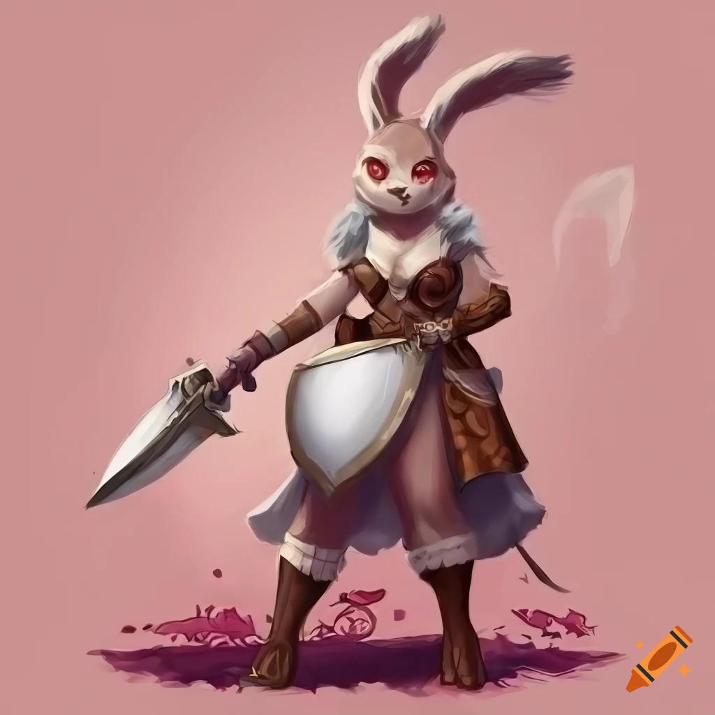 Anthropomorphic female rabbit warrior with sword and shield in dungeons ...