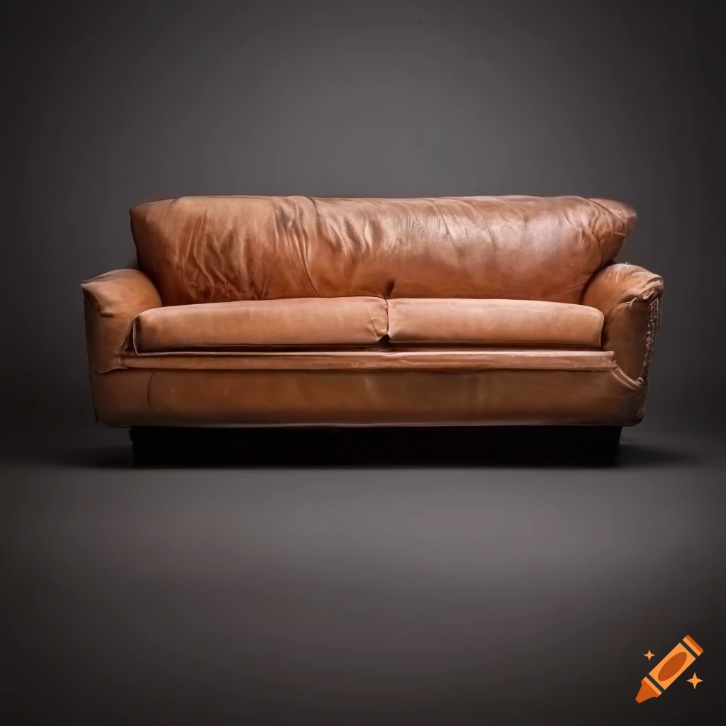 Abandoned worn leather couch with debris and stuffing spilling out under foggy lighting on Craiyon