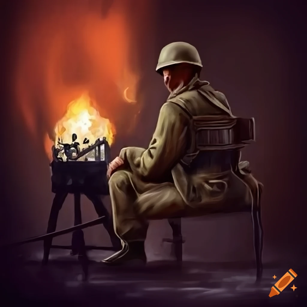 Contemplative wwii soldier sitting next to a burning projector on Craiyon