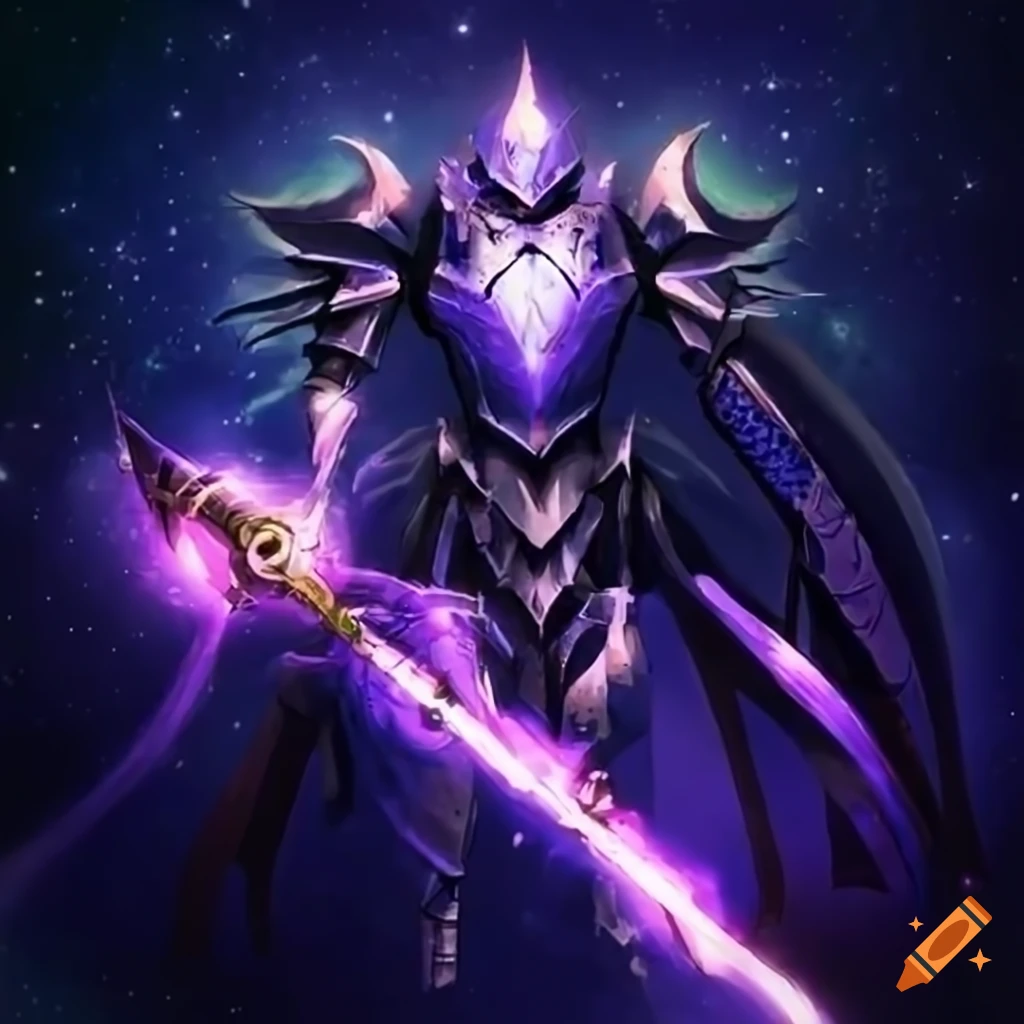 Anime celestial armored knight with demon weapons in galactic space on ...