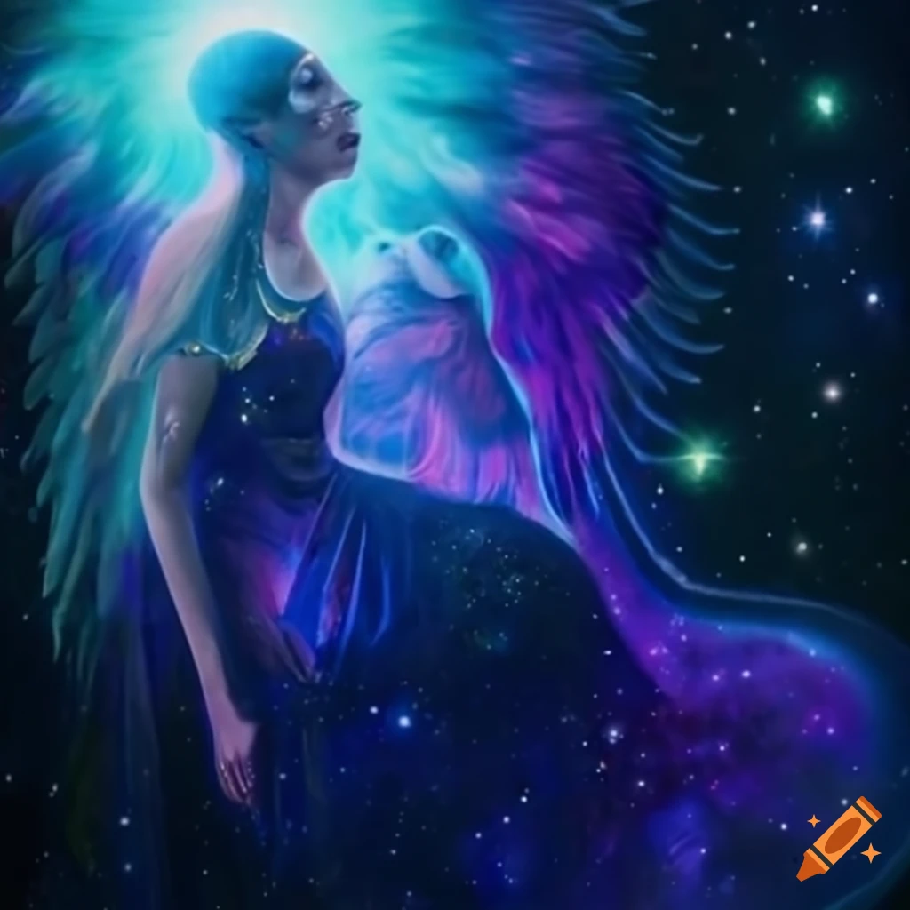 Singing starlight ritual goddess portrait with a phoenix in a blue ...