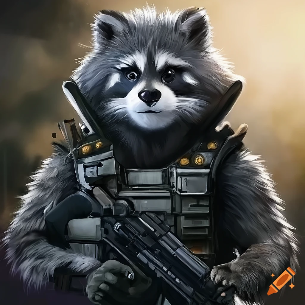 Portrait of a strong anthro furry raccoon with grey fur and modern ...