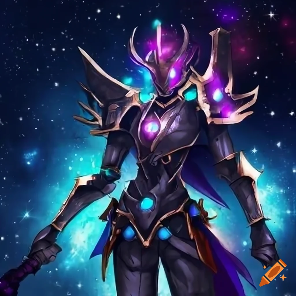 Anime celestial armored knight with demon infused weapons in galactic ...