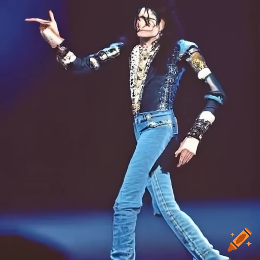 Michael Jackson performing the iconic moonwalk in denim pants on Craiyon