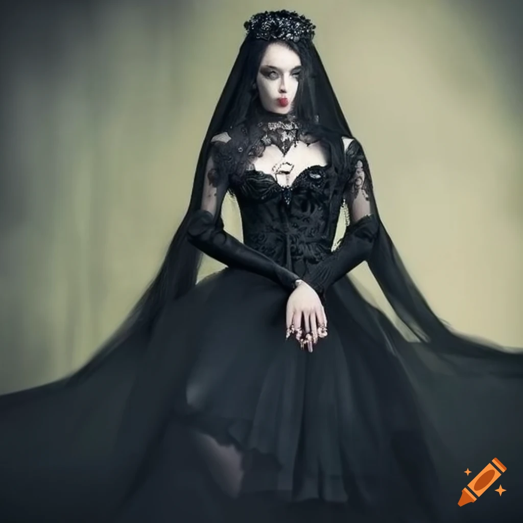 Elegant gothic fashion model in a long black dress with intricate ...