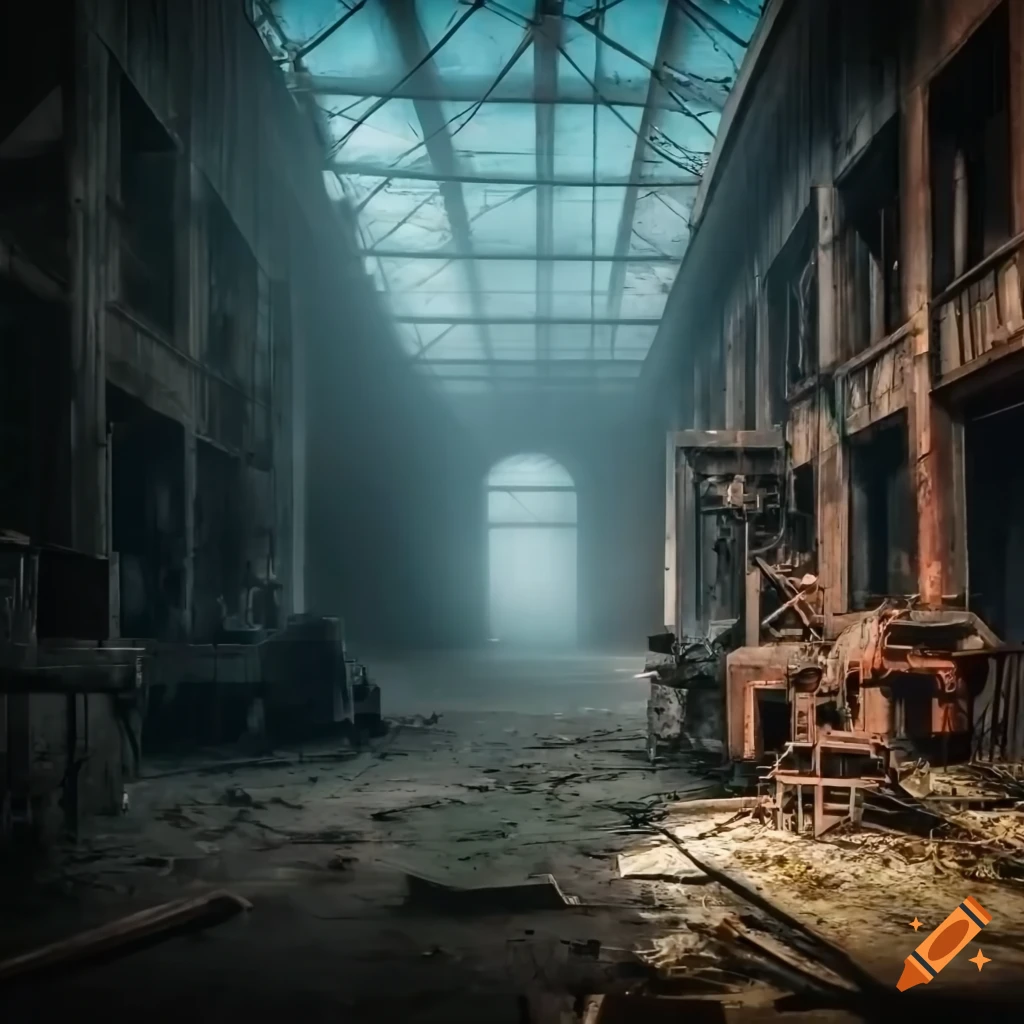 Interior of a bright, sunny, foggy abandoned factory with old machines ...
