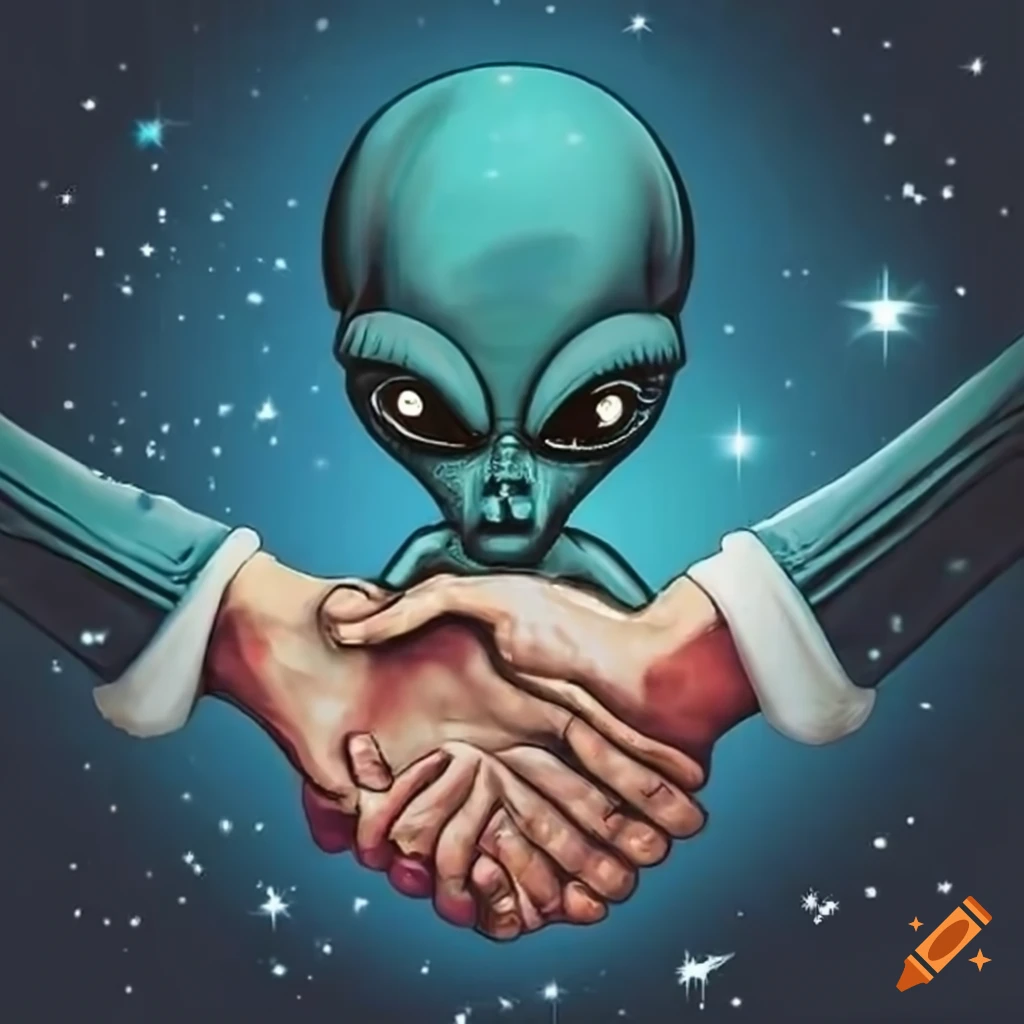 Space alien shaking hands with jesus in a surreal scene on Craiyon