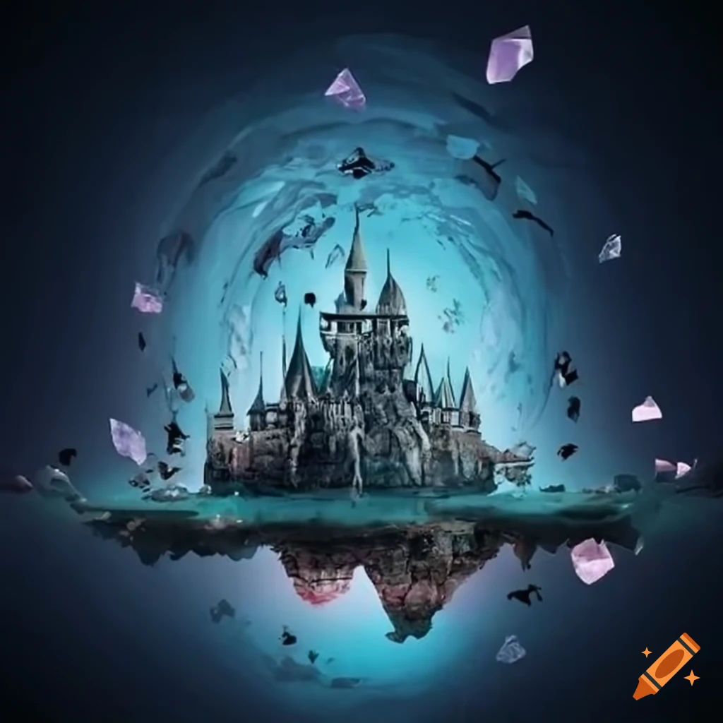 Floating sinister castle amidst swirling crystal fragments on Craiyon