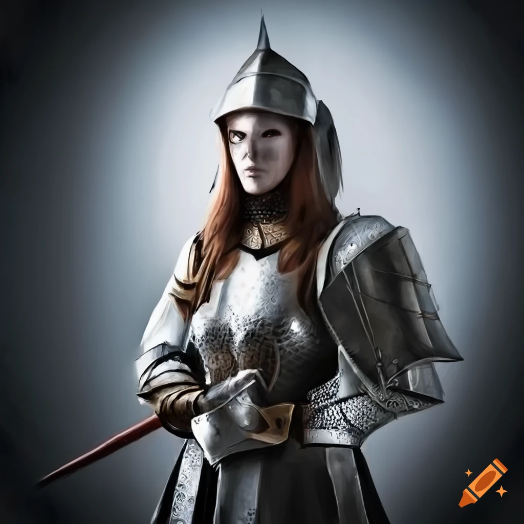 Female knight in white armor and mask surrounded by black feathers on ...