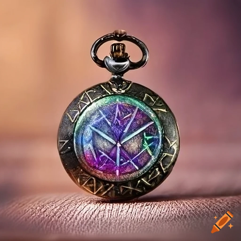 Enchanted magic runes on a pocket watch in a fantasy setting on Craiyon