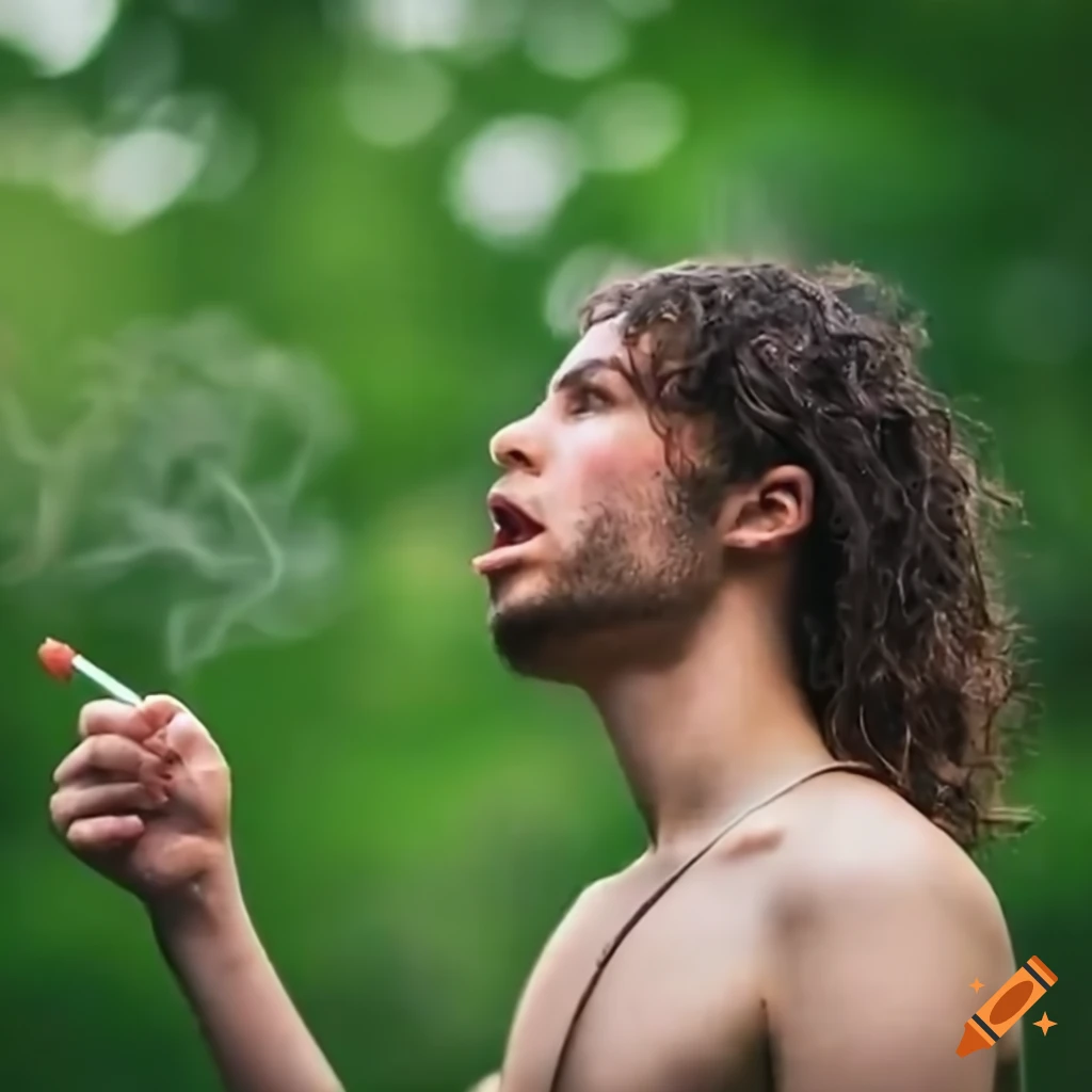 Young man resembling Jesus enjoying cannabis in a bush on Craiyon