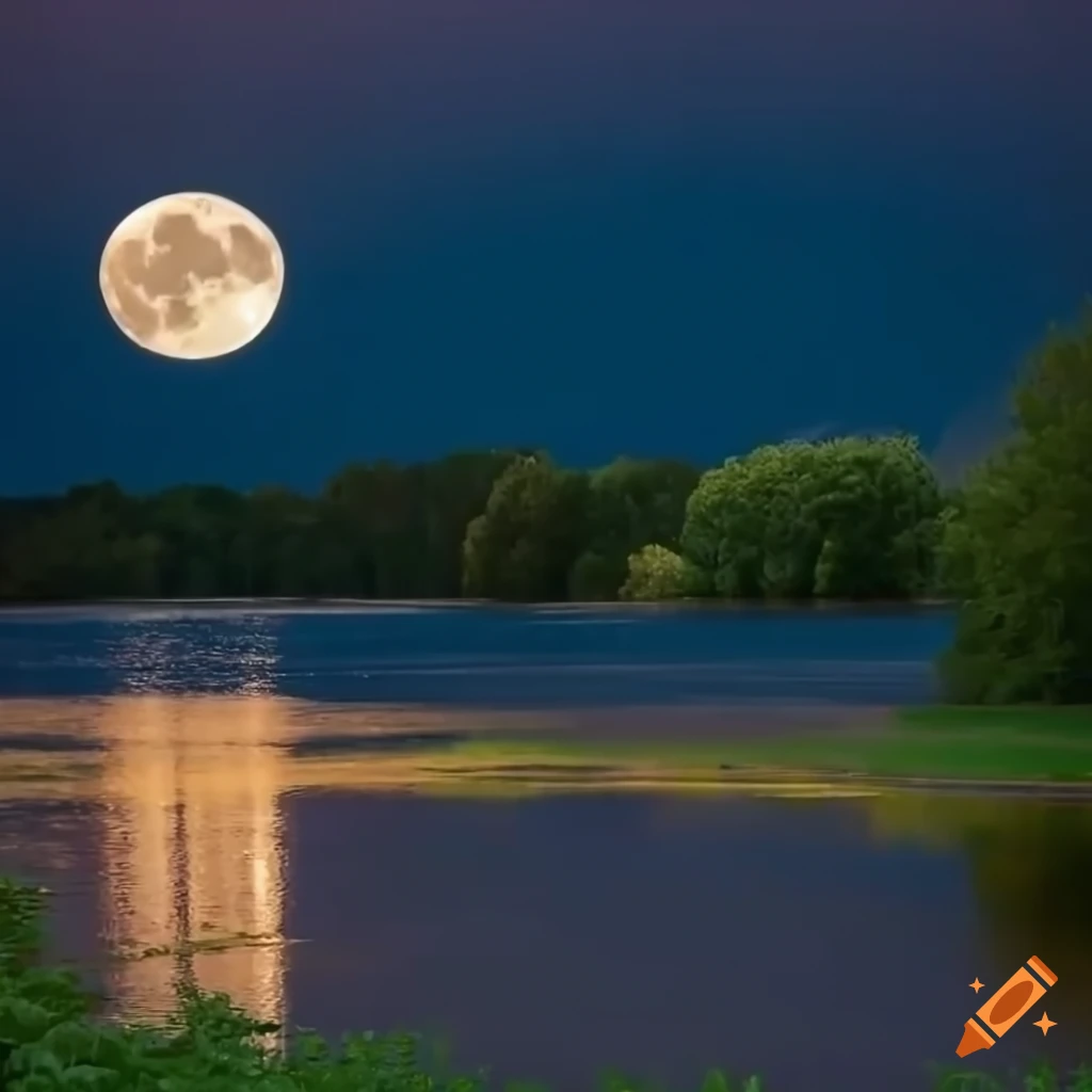 Full moon night near a pond with flowers and moonlight reflection on ...