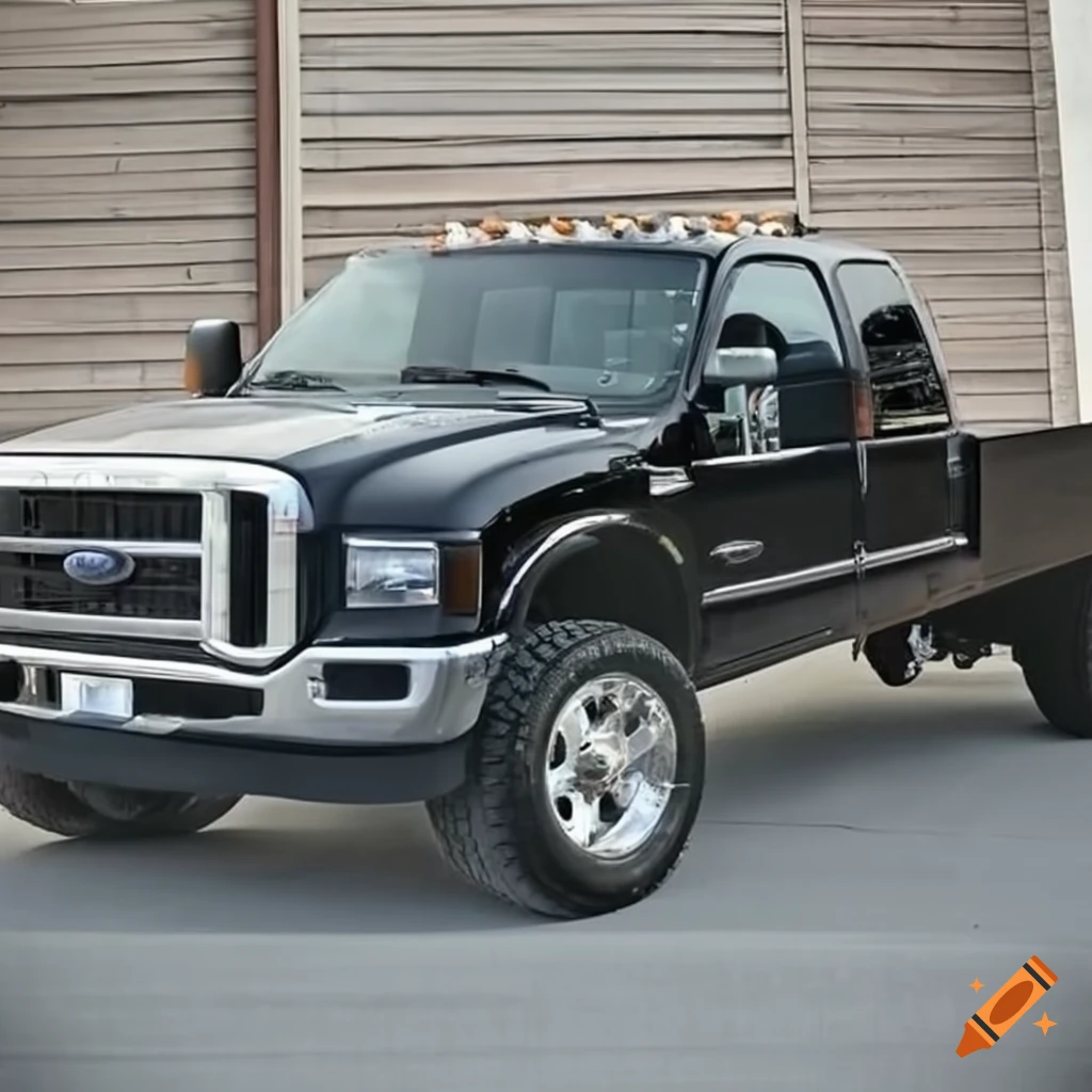White 2005 ford f250 with a black flat bed on Craiyon