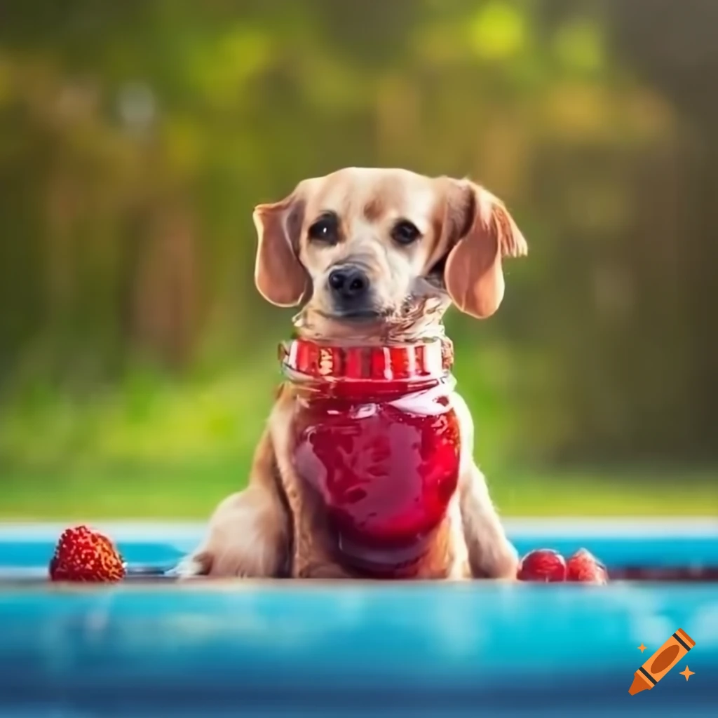 Dog in front of a pool filled with strawberry jam on Craiyon