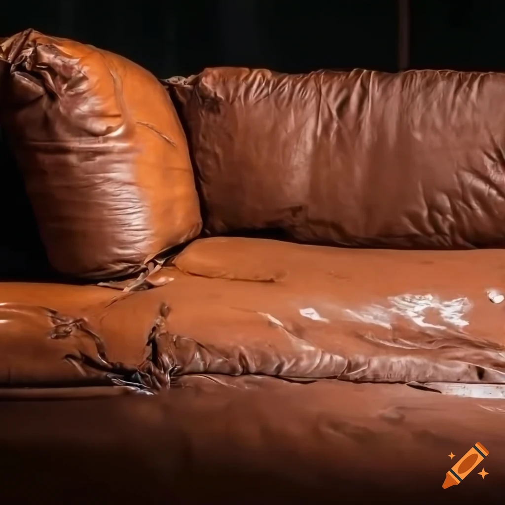 Worn leather couch covered in debris with peach piping under foggy lighting on Craiyon