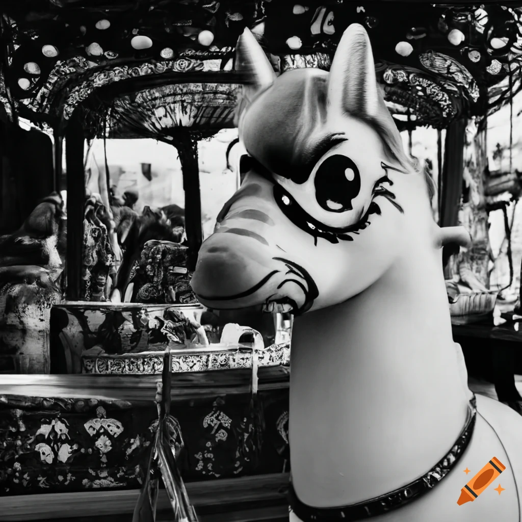 Black and white photo of a unicorn-bee at a fairground ride in an ...